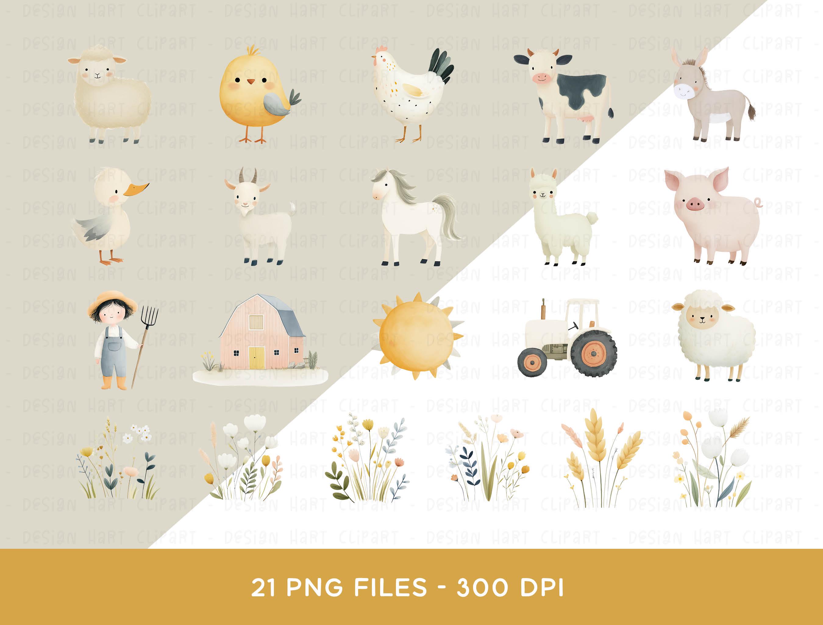 Farm Animals Clipart Bundle - Watercolor Barnyard Tractor Pig Duck ...