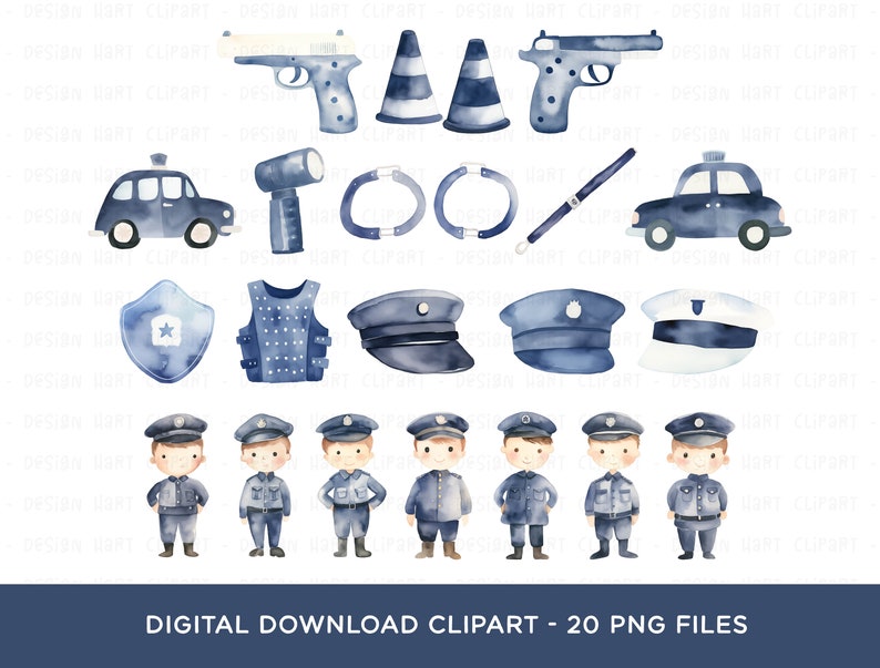 Police Kid Clipart Bundle, Cute Watercolor Boy Policeman Car Gun ...