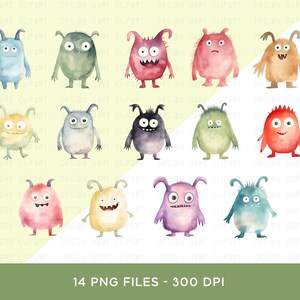 Monster Clipart Bundle - Watercolor Cute Smiling Happy Monsters ...