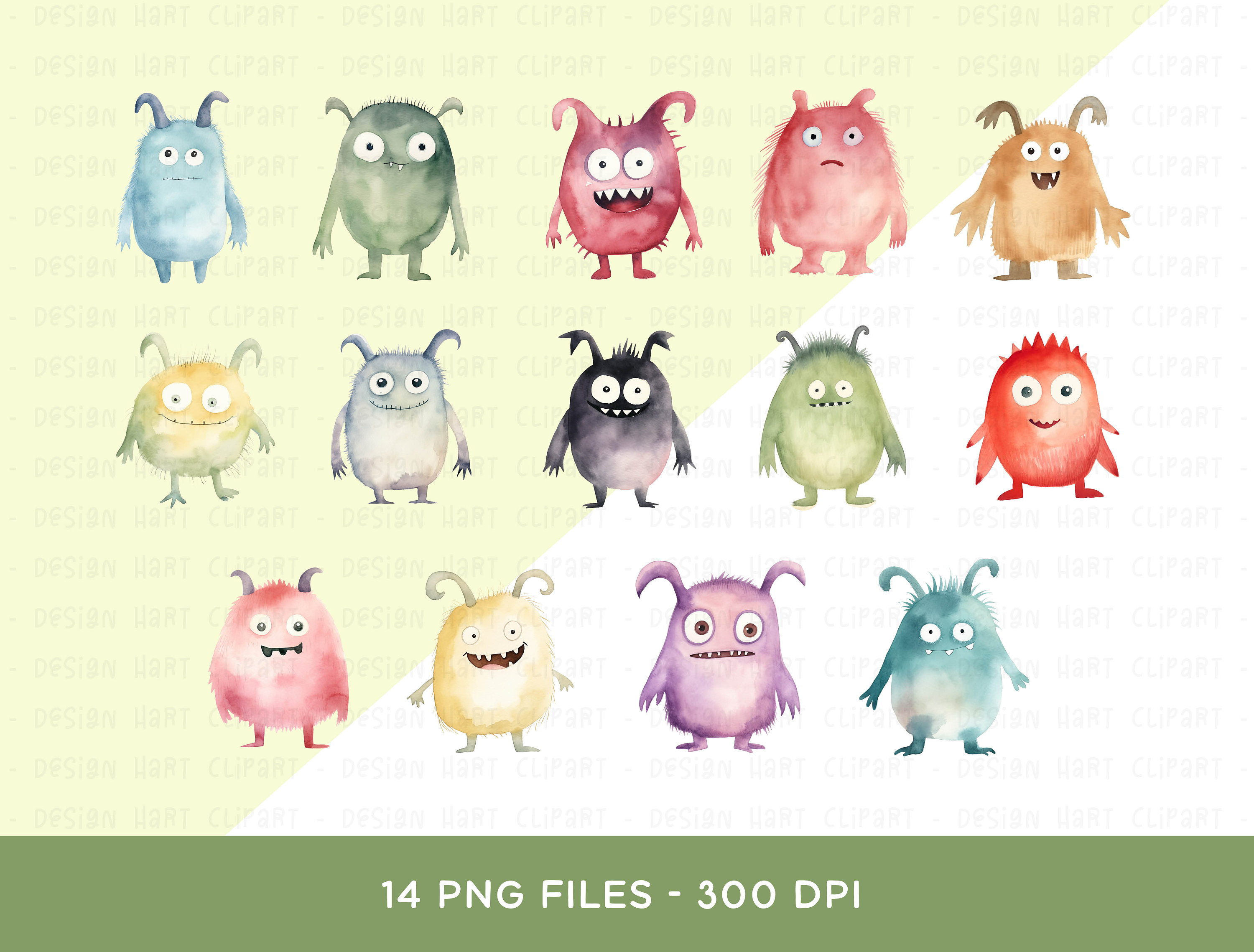 Monster Clipart Bundle Watercolor Cute Smiling Happy Monsters Emotions ...