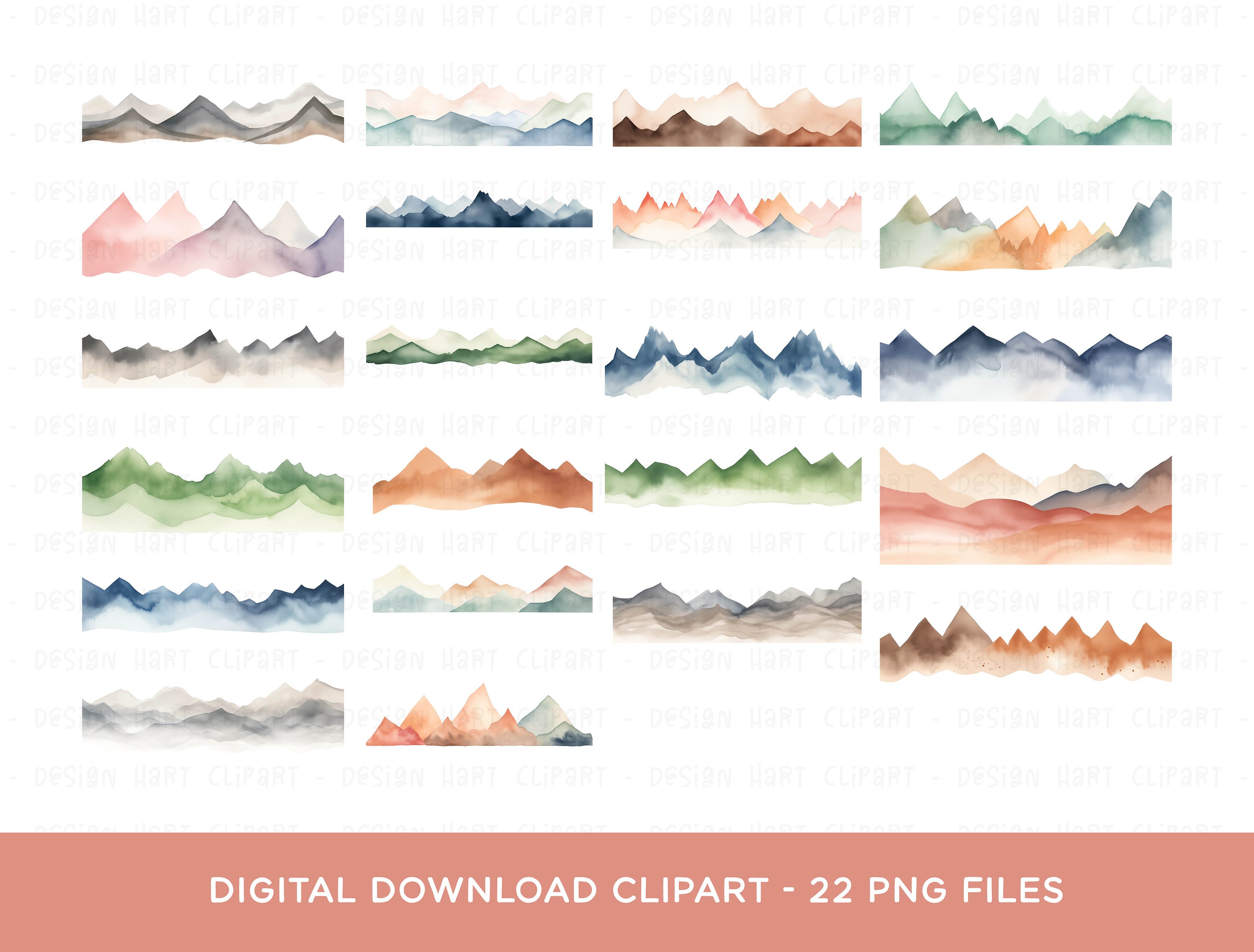 Mountain Clipart Bundle - Rustic Scenic Landscape Colorful Watercolor Mountain Borders PNG for ...