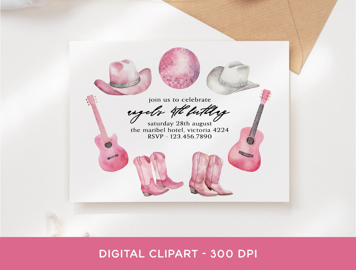 Cowgirl Disco Clipart Bundle, Pink Cowboy Guitar Disco Ball Boots Hat ...
