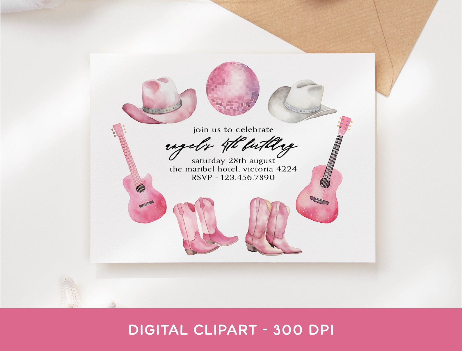 Cowgirl Disco Clipart Bundle, Pink Cowboy Guitar Disco Ball Boots Hat ...