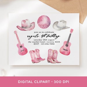 Cowgirl Disco Clipart Bundle, Pink Cowboy Guitar Disco Ball Boots Hat ...