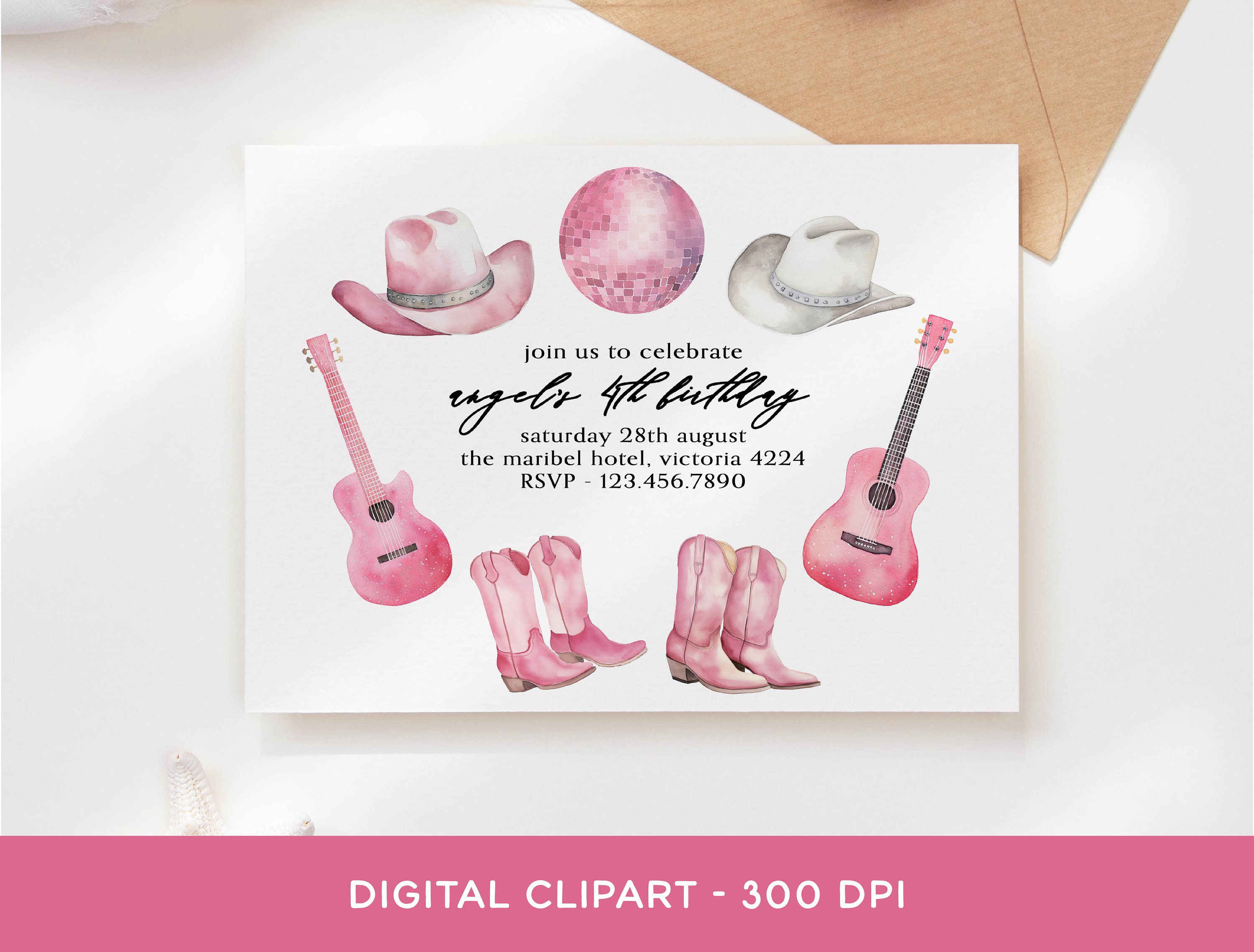 Cowgirl Disco Clipart Bundle, Pink Cowboy Guitar Disco Ball Boots Hat ...