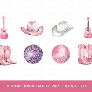 Cowgirl Disco Clipart Bundle, Pink Cowboy Guitar Disco Ball Boots Hat ...