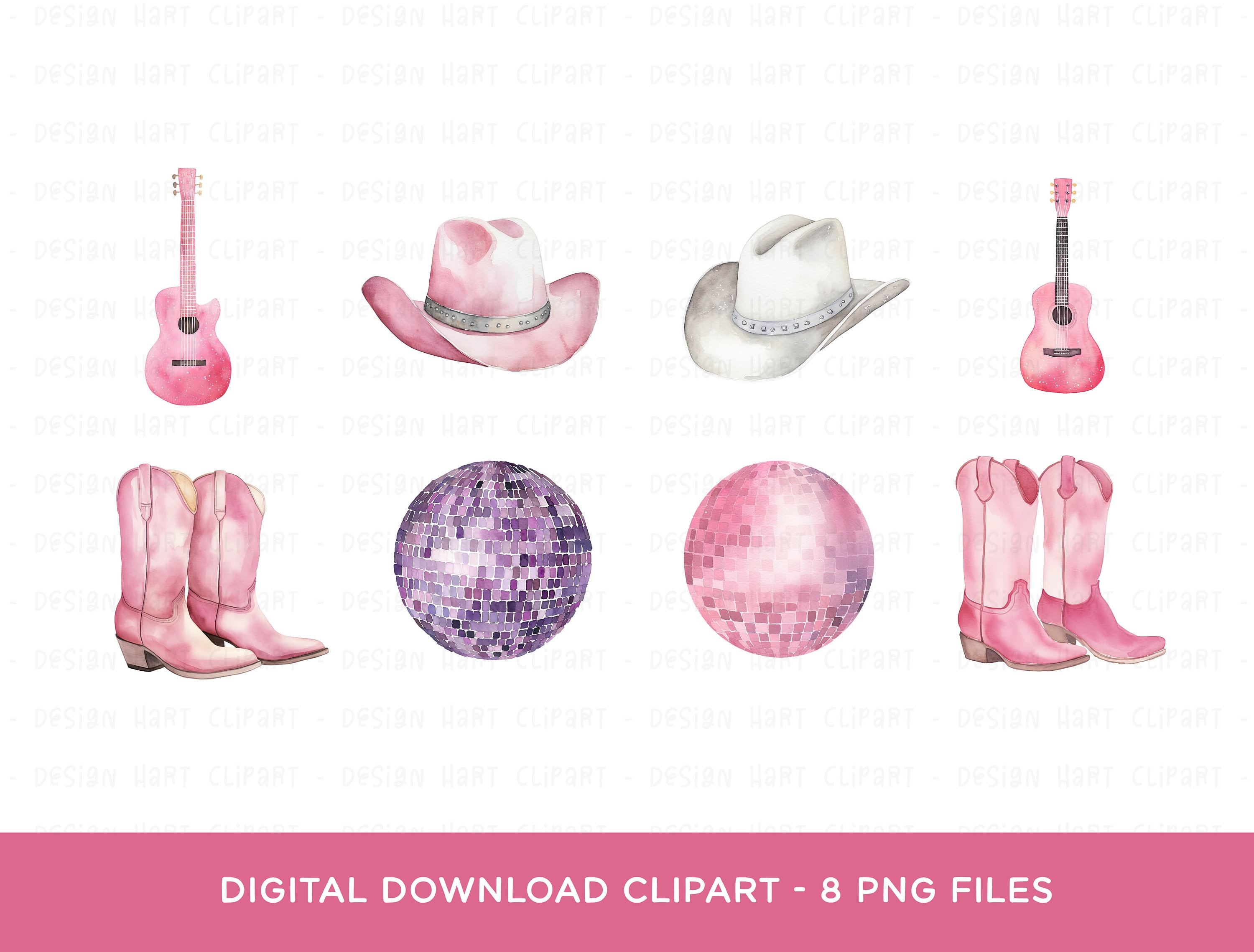 Cowgirl Disco Clipart Bundle, Pink Cowboy Guitar Disco Ball Boots Hat ...