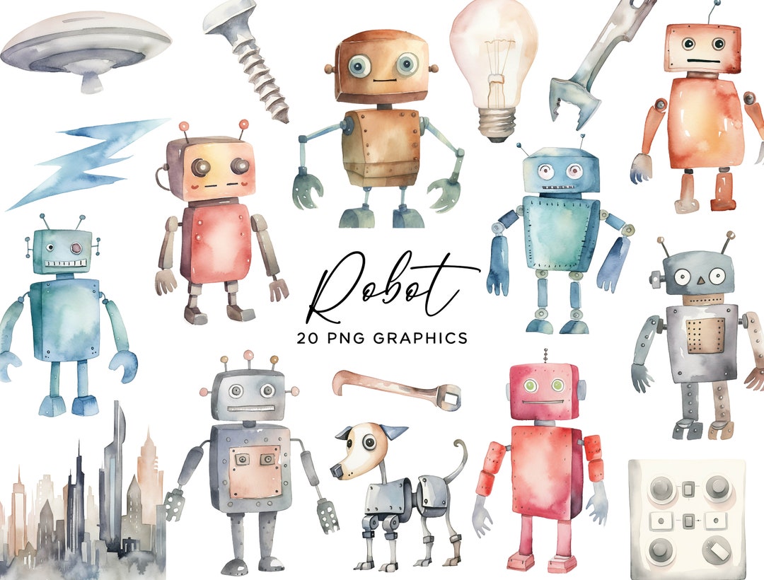 Robot Clipart Bundle - Watercolor Cute Vintage Childrens Retro ...