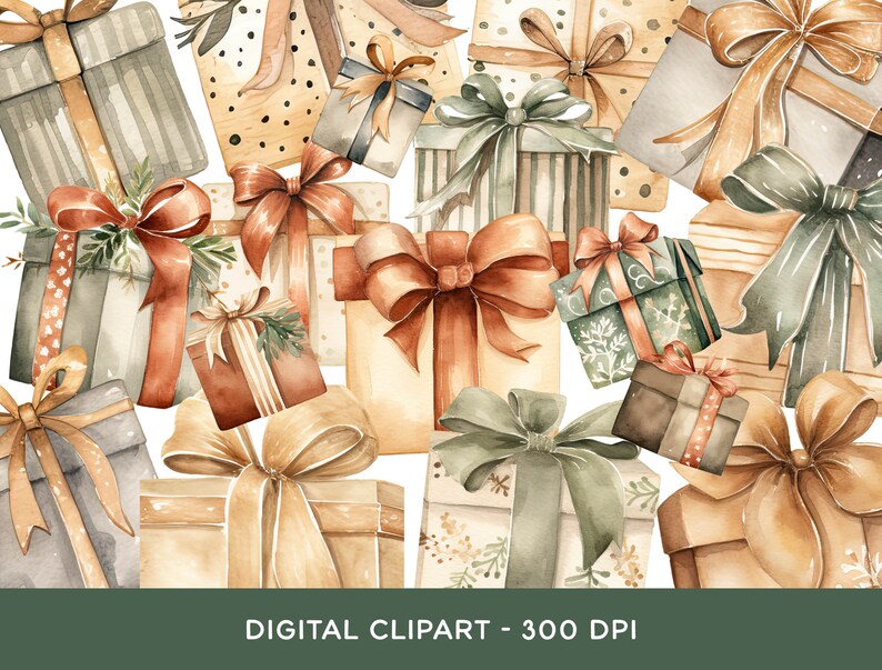 Gift Boxes Clipart Bundle, Boho Watercolor Presents PNG Graphics ...