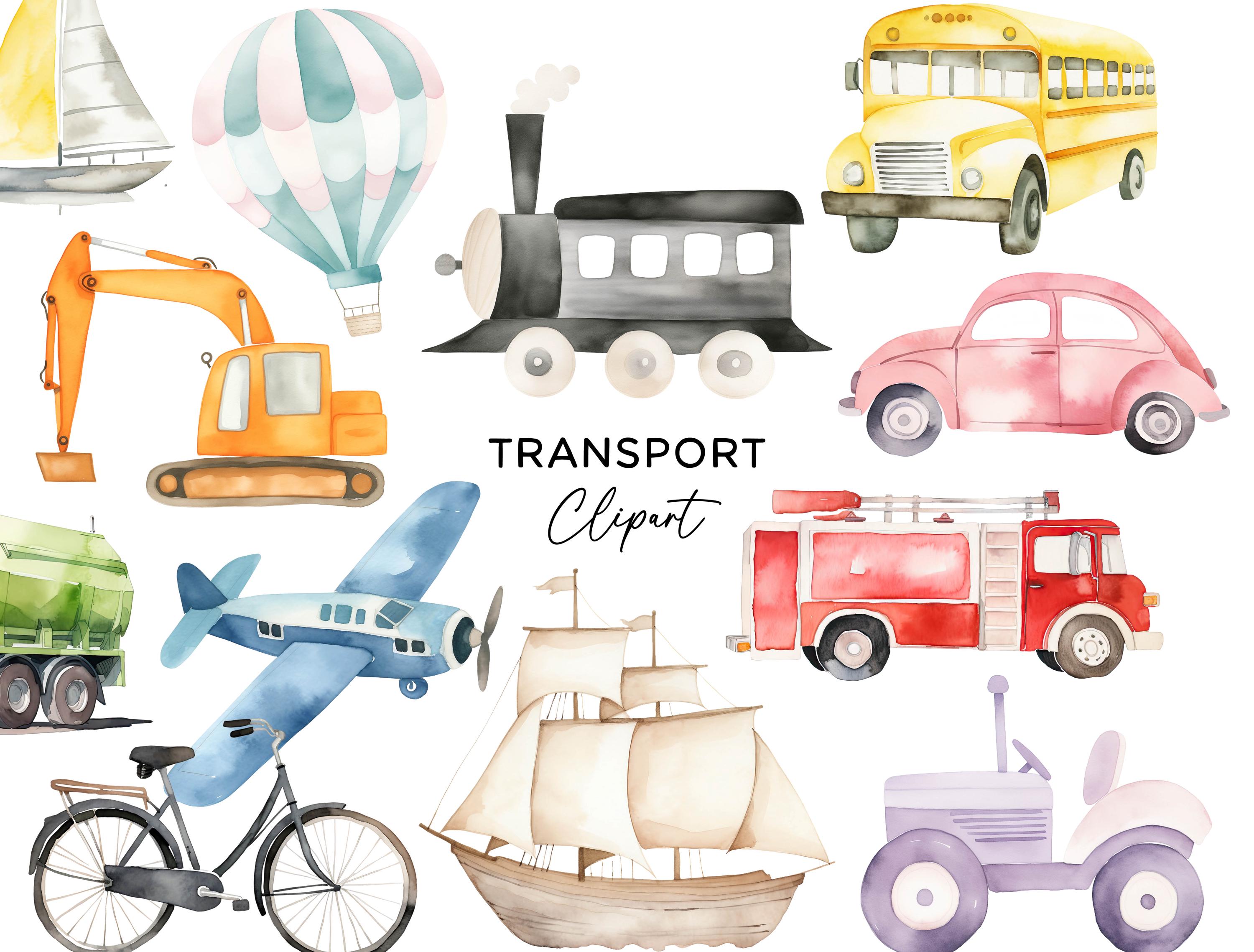 Transport Clipart Bundle Set, Watercolor School Bus Car Plane Train ...