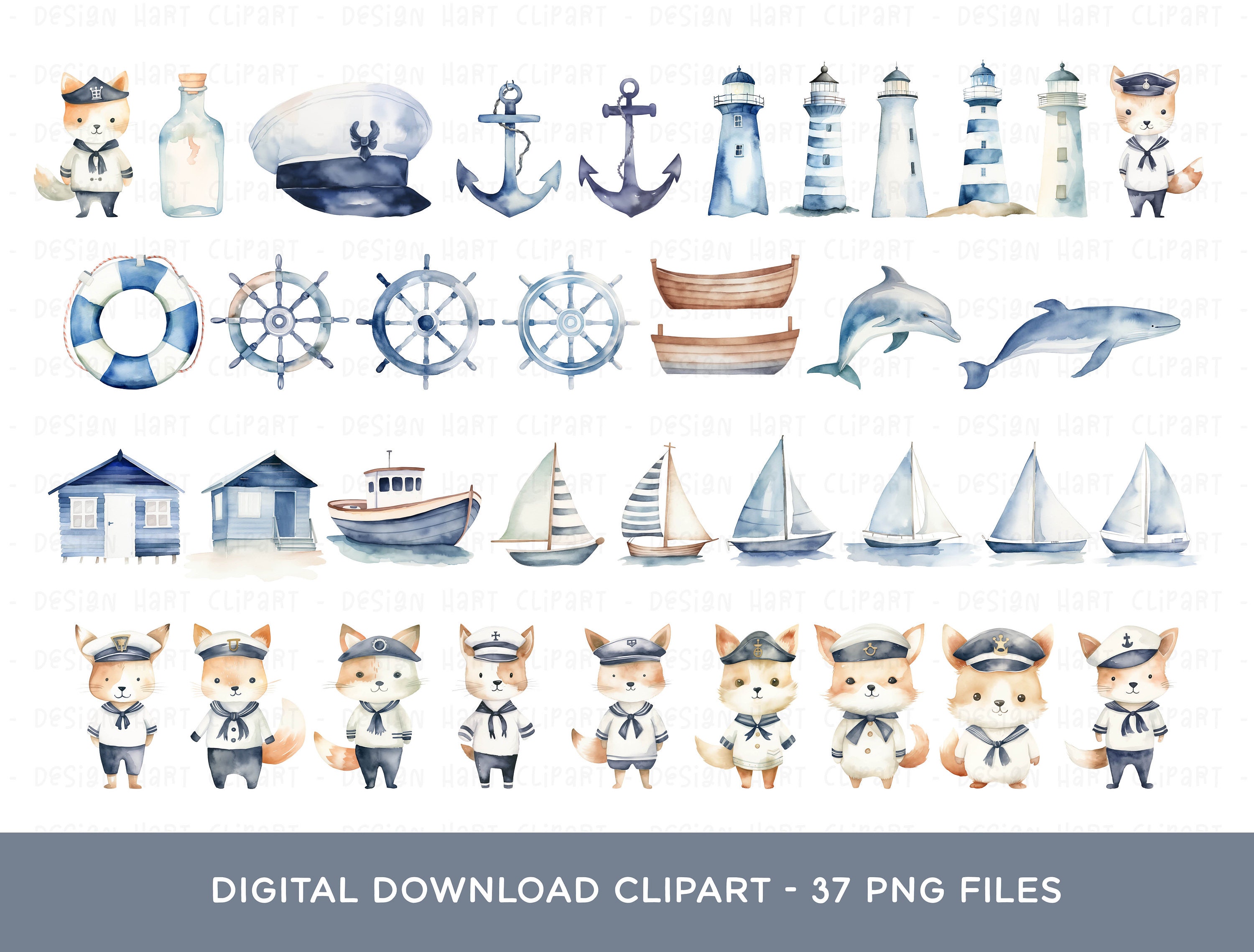 Sailor Fox Clipart Bundle, Watercolor Captain Lighthouse Anchor Boat ...