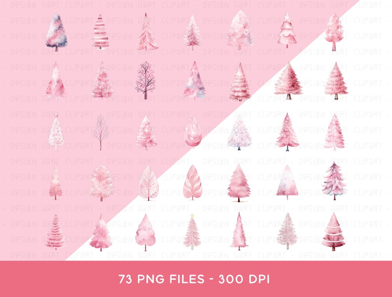 Pink Christmas Tree Clipart Bundle, Pastel Watercolor Xmas Trees PNG ...