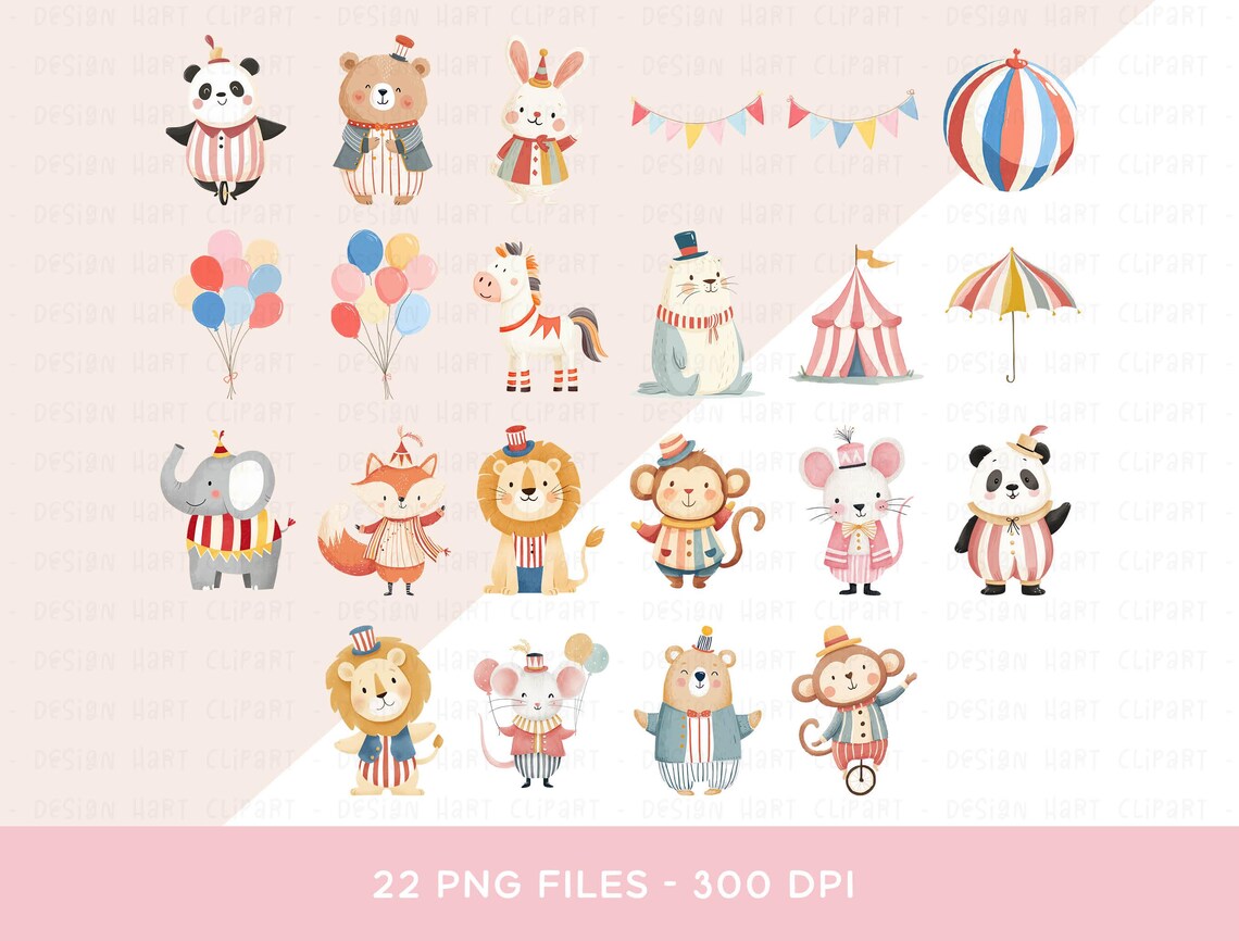 Carnival Clipart Bundle, Watercolor Circus Animals Lion Monkey Elephant ...