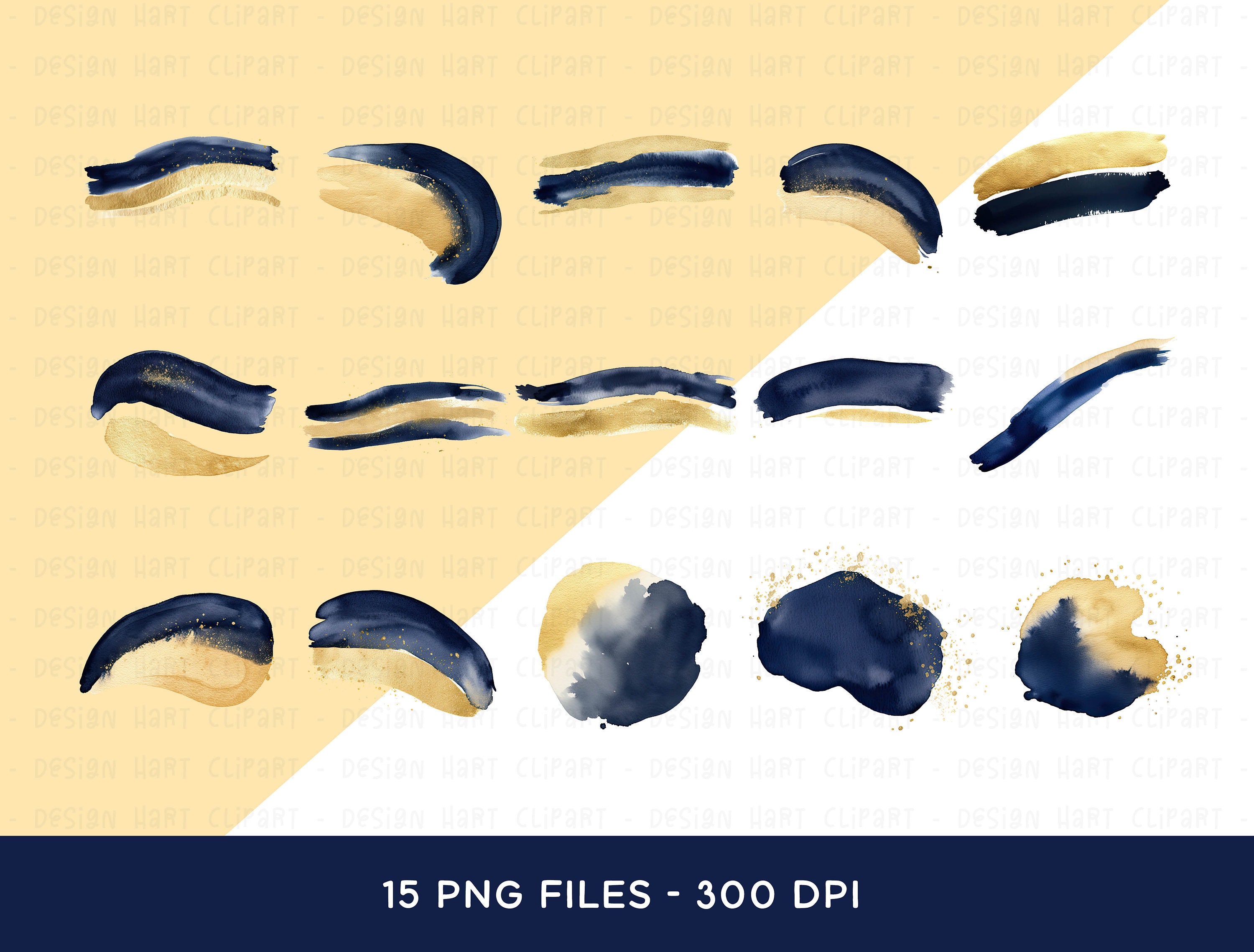 Brush Stroke Clipart Bundle Watercolor Navy Blue & Gold Foil Smudge ...