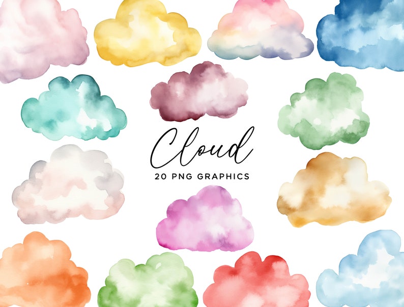 Clouds Clipart Bundle, Watercolor Pastel Rainbow Cloud Icons, Hand ...