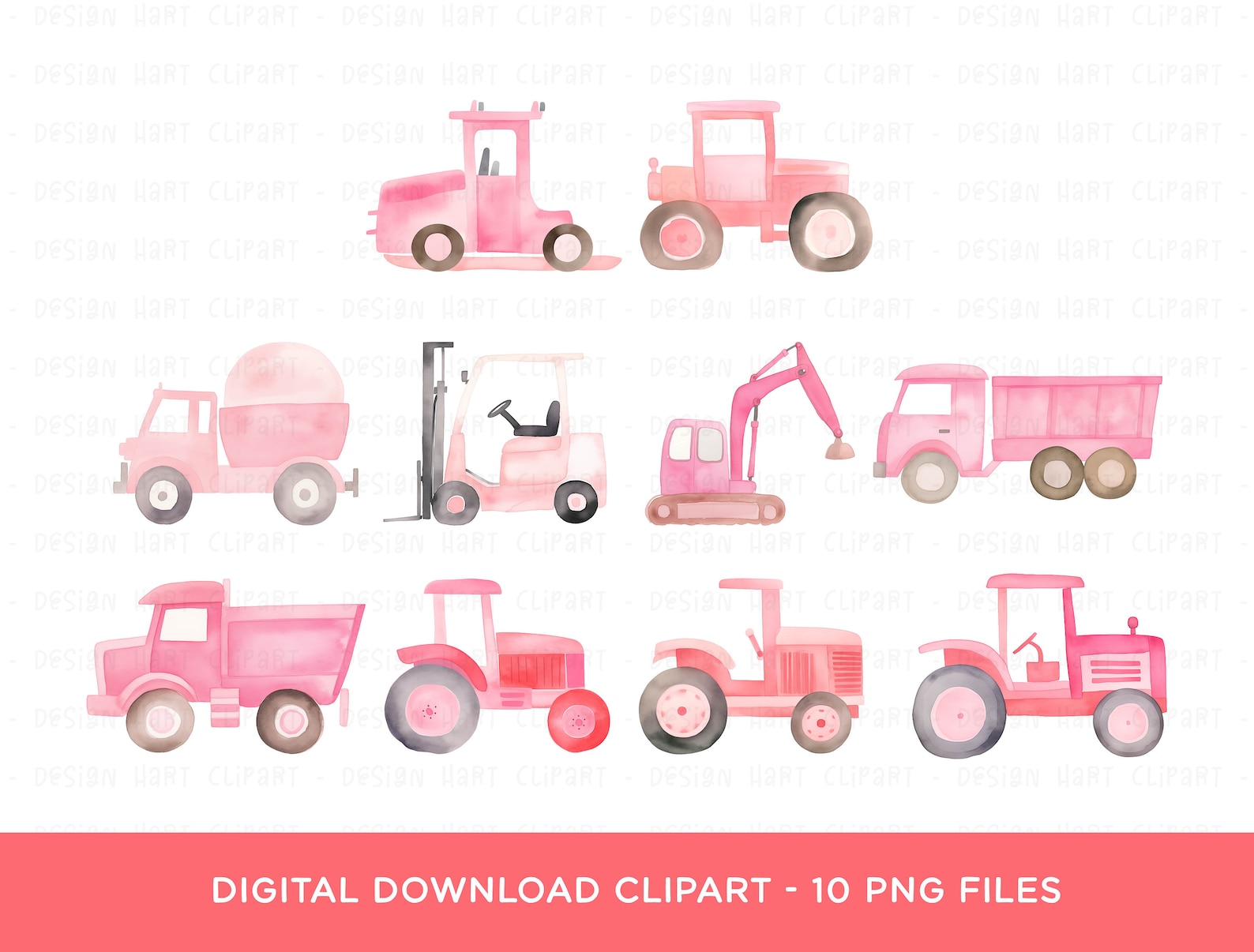 Construction Vehicle Clipart Bundle, Pink PNG Digital Download Builder ...