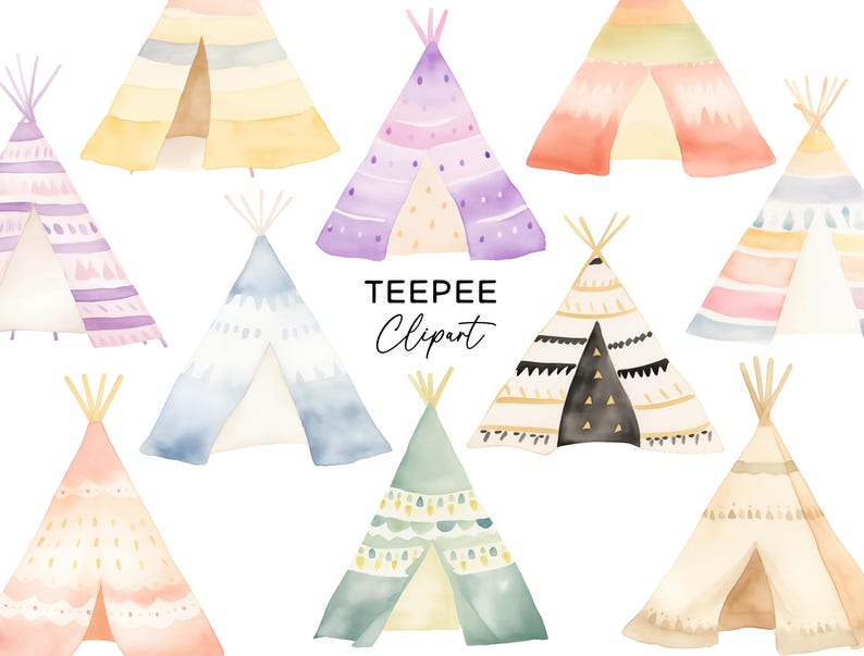 Teepee Clipart Bundle, PNG Graphics Digital Download Watercolor Boho ...