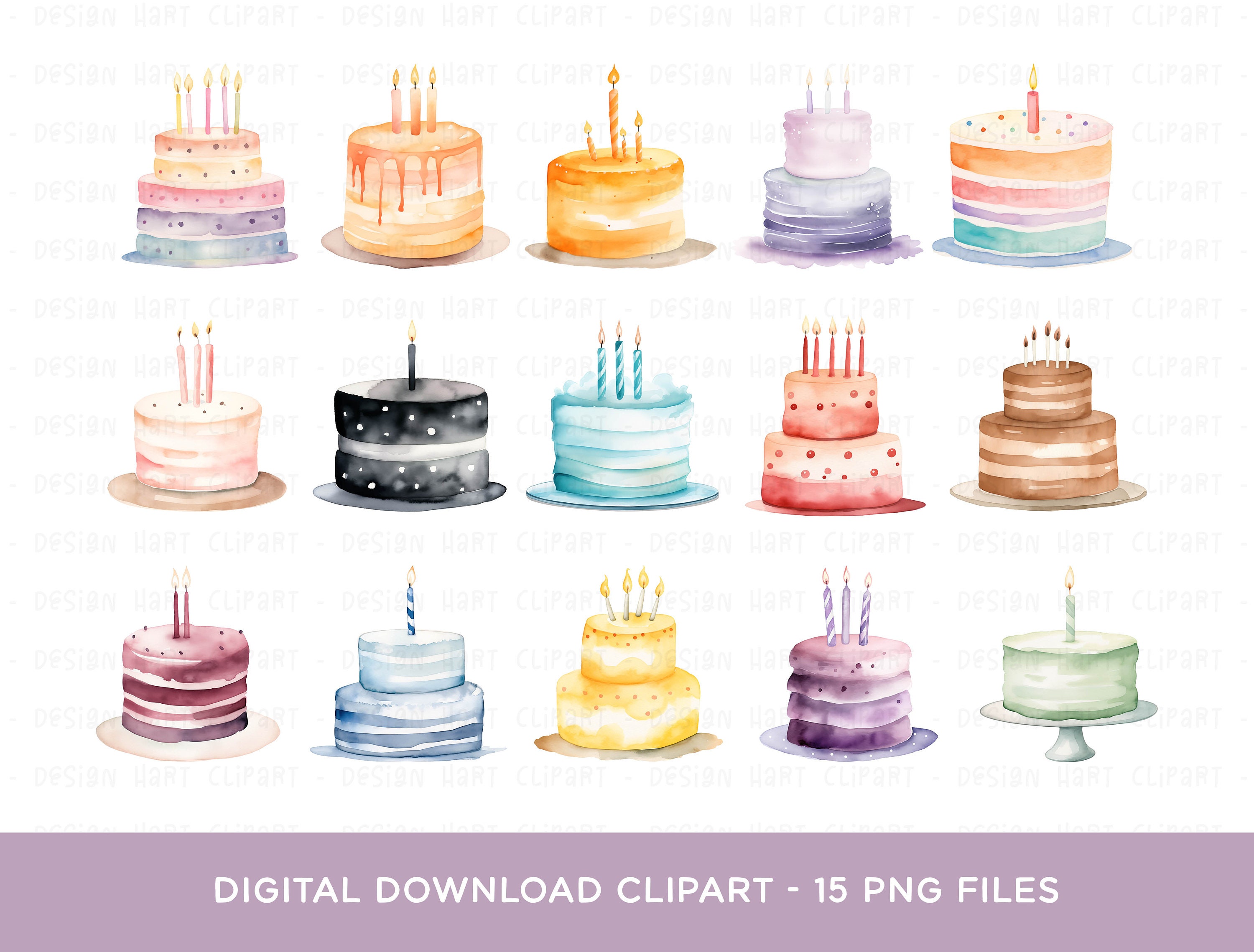 Cake Clipart Bundle, Watercolor Pastel Rainbow Cakes PNG Digital ...