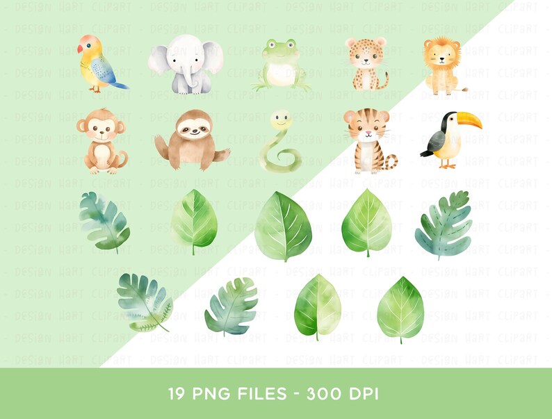 Jungle Animal Clipart Bundle, Watercolor Elephant Tiger Lion Snake ...
