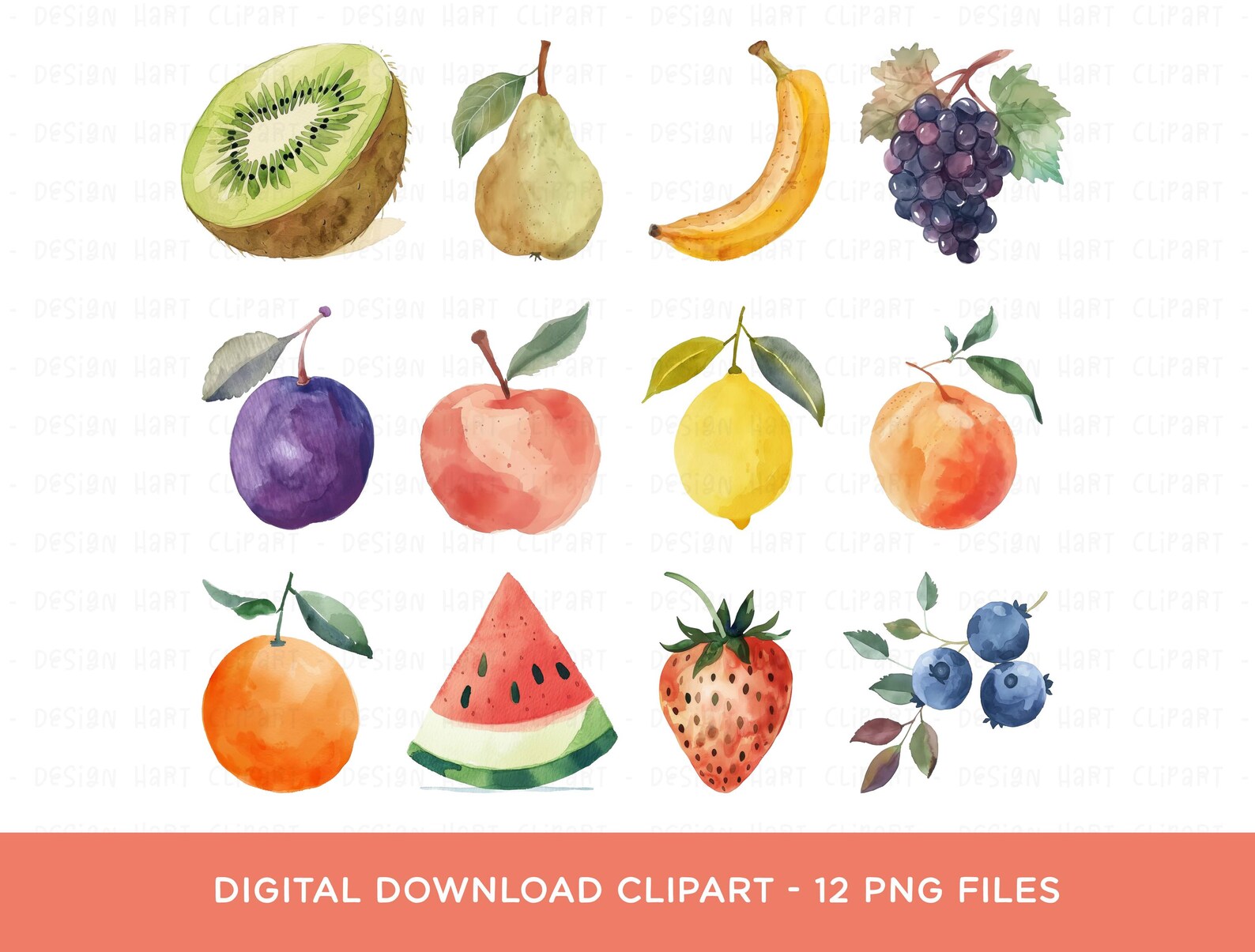 Fruit Clipart Bundle: Watercolor Watermelon Apple Banana Strawberry ...