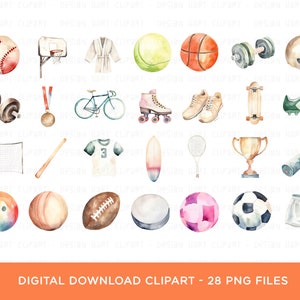 Sports Clipart Bundle - Watercolor Balls Soccer Football Cricket ...