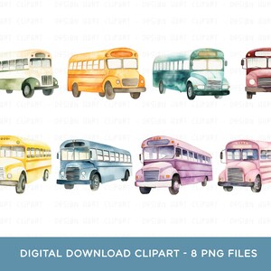 School Bus Clipart Bundle - Watercolor Colorful Pastel PNG Vehicles for ...