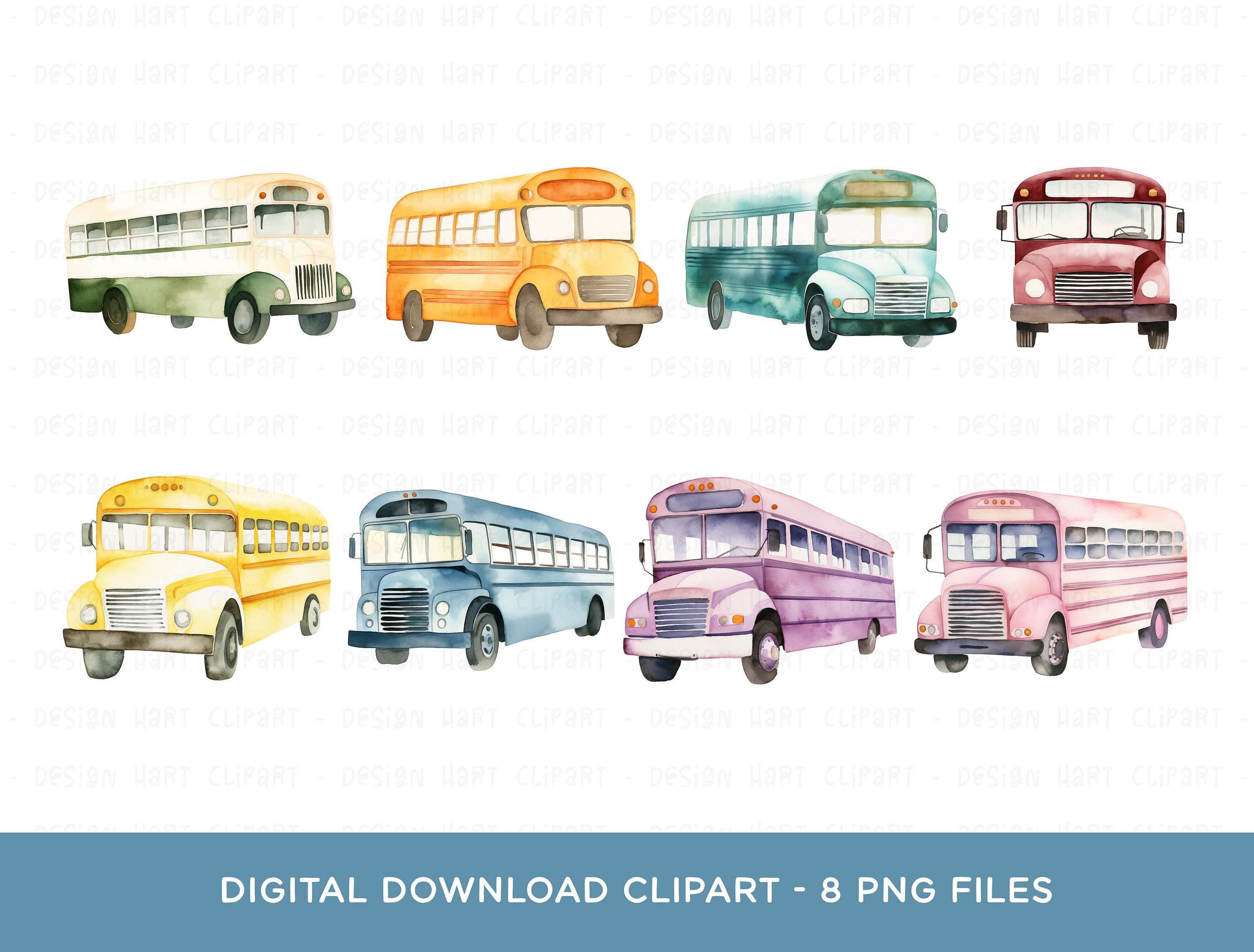 School Bus Clipart Bundle - Watercolor Colorful Pastel PNG Vehicles for ...