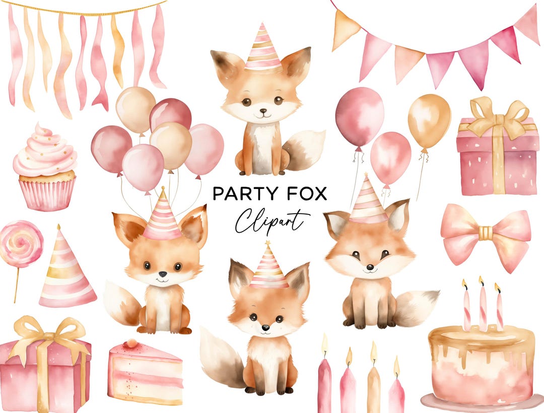 Party Fox Clipart Bundle, PNG Graphic Digital Download Watercolor Pink ...