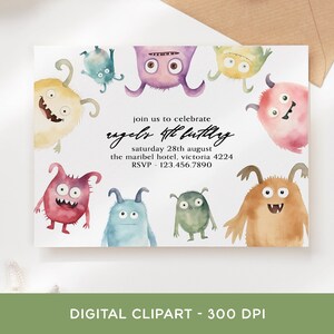 Monster Clipart Bundle - Watercolor Cute Smiling Happy Monsters ...