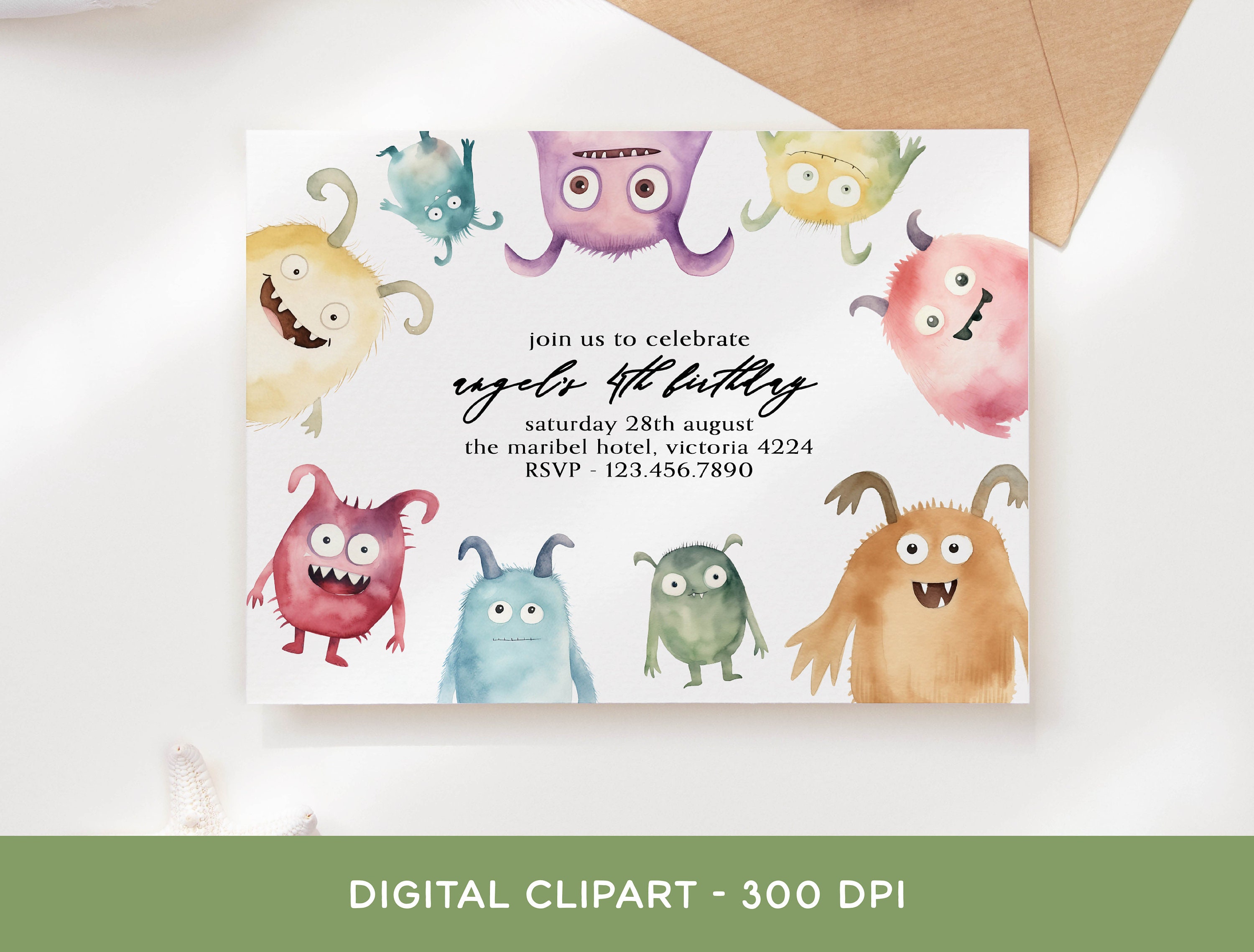 Monster Clipart Bundle Watercolor Cute Smiling Happy Monsters Emotions ...