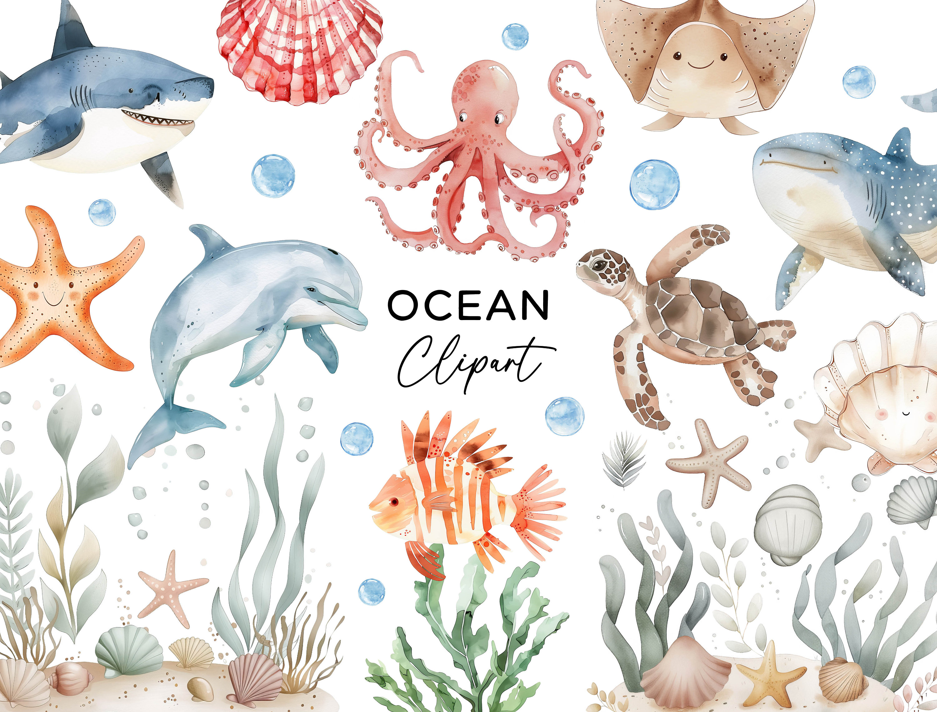 Ocean Clipart Bundle, Watercolor Under the Sea Creatures Animals Beach ...