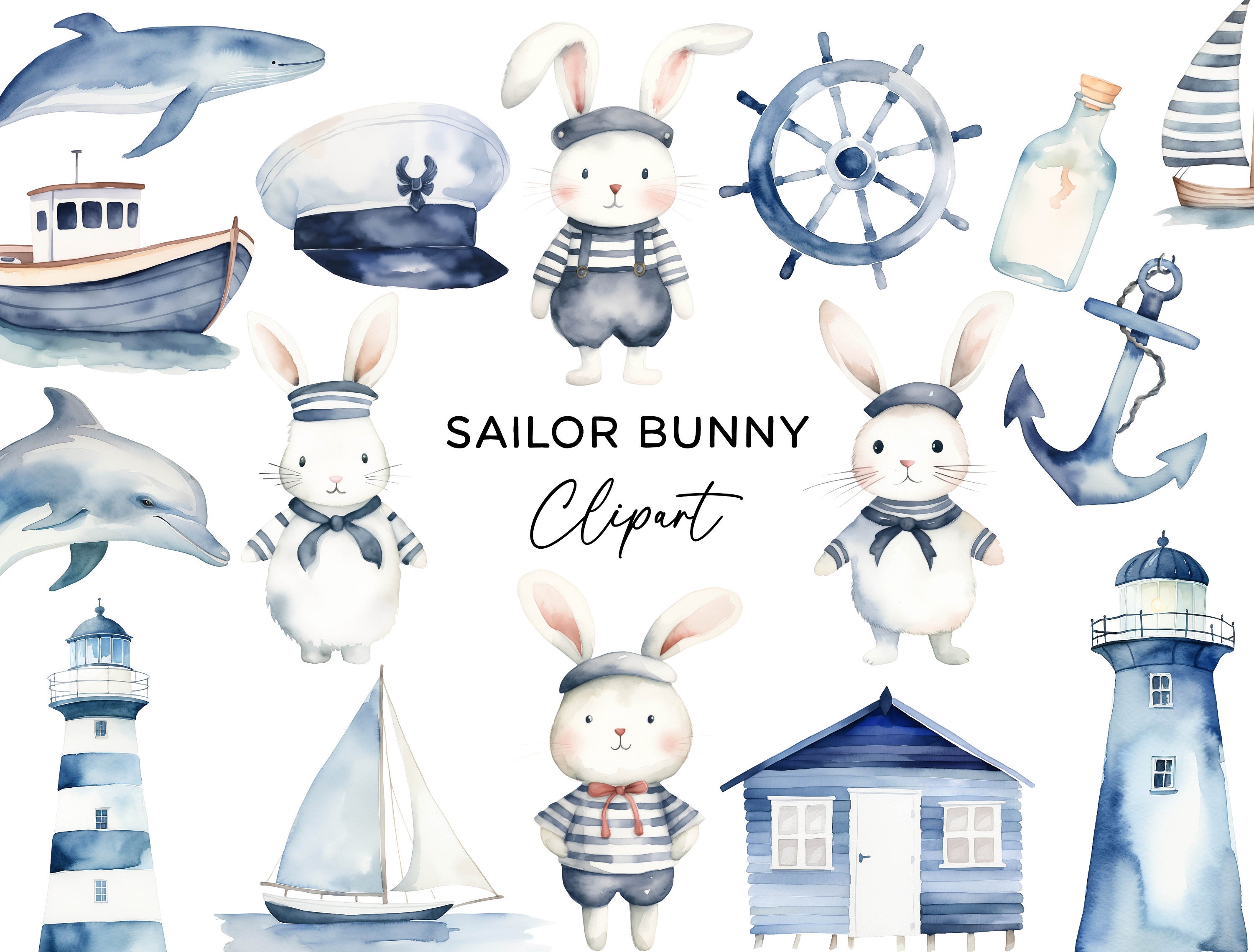 Sailor Bunny Clipart Bundle, Watercolor Captain Lighthouse Anchor Boat ...