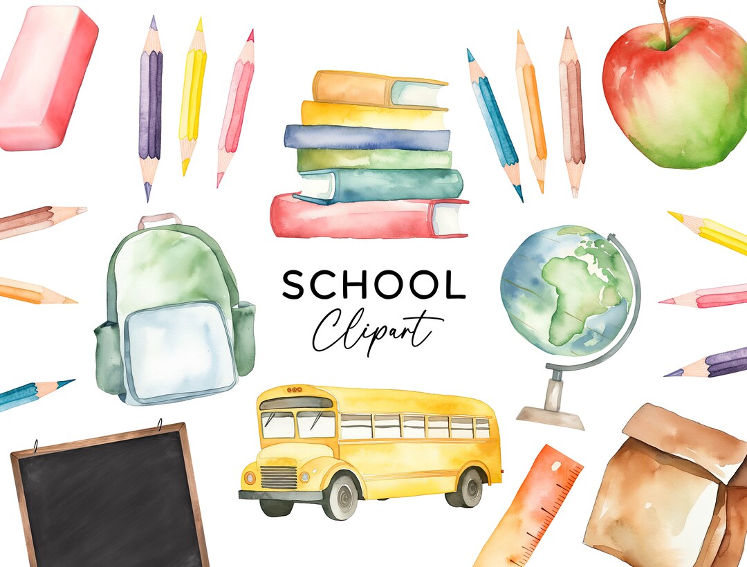 School Clipart Bundle, Watercolor Pencil Bus Books Globe Graphics ...