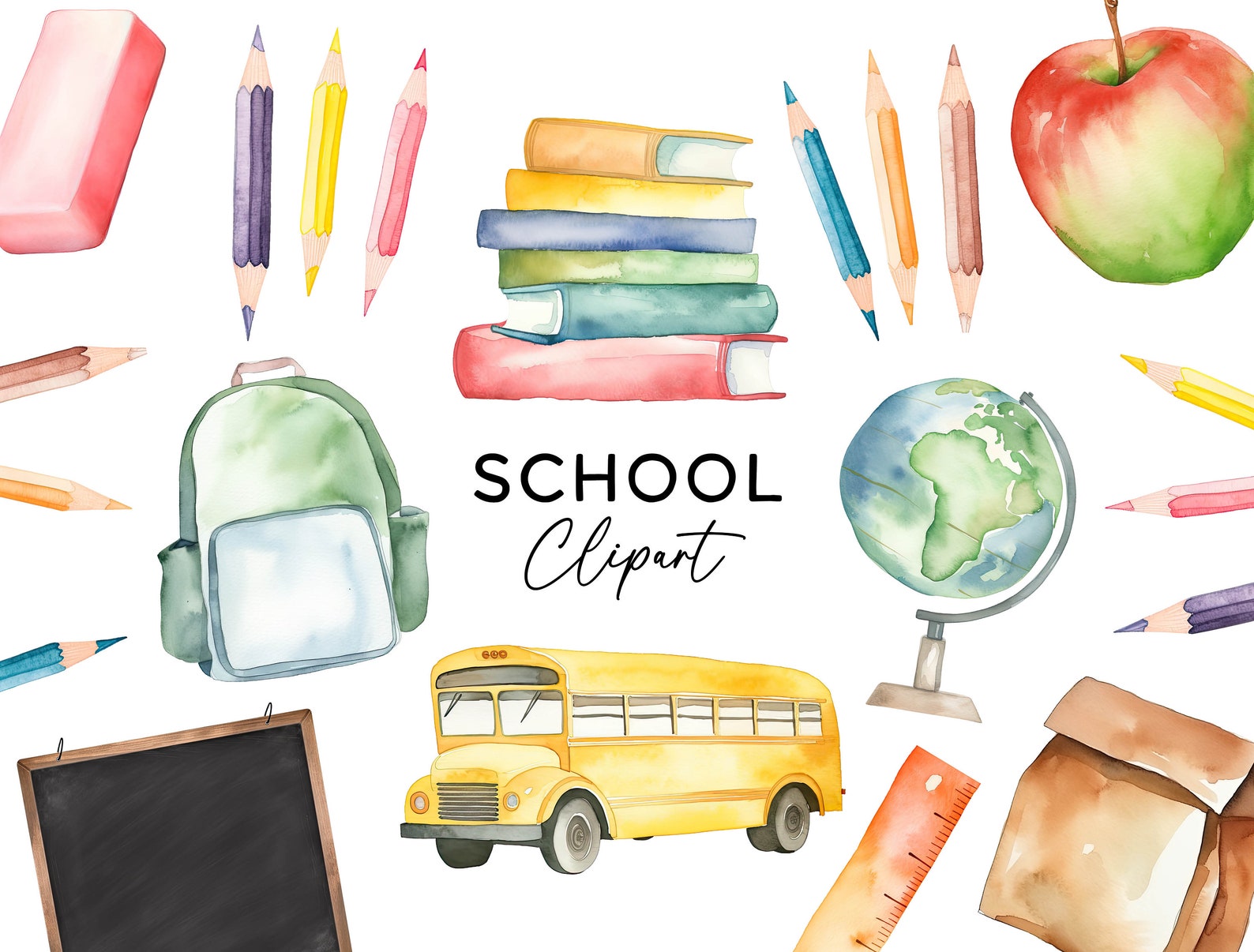 School Clipart Bundle, Watercolor Pencil Bus Books Globe Graphics ...