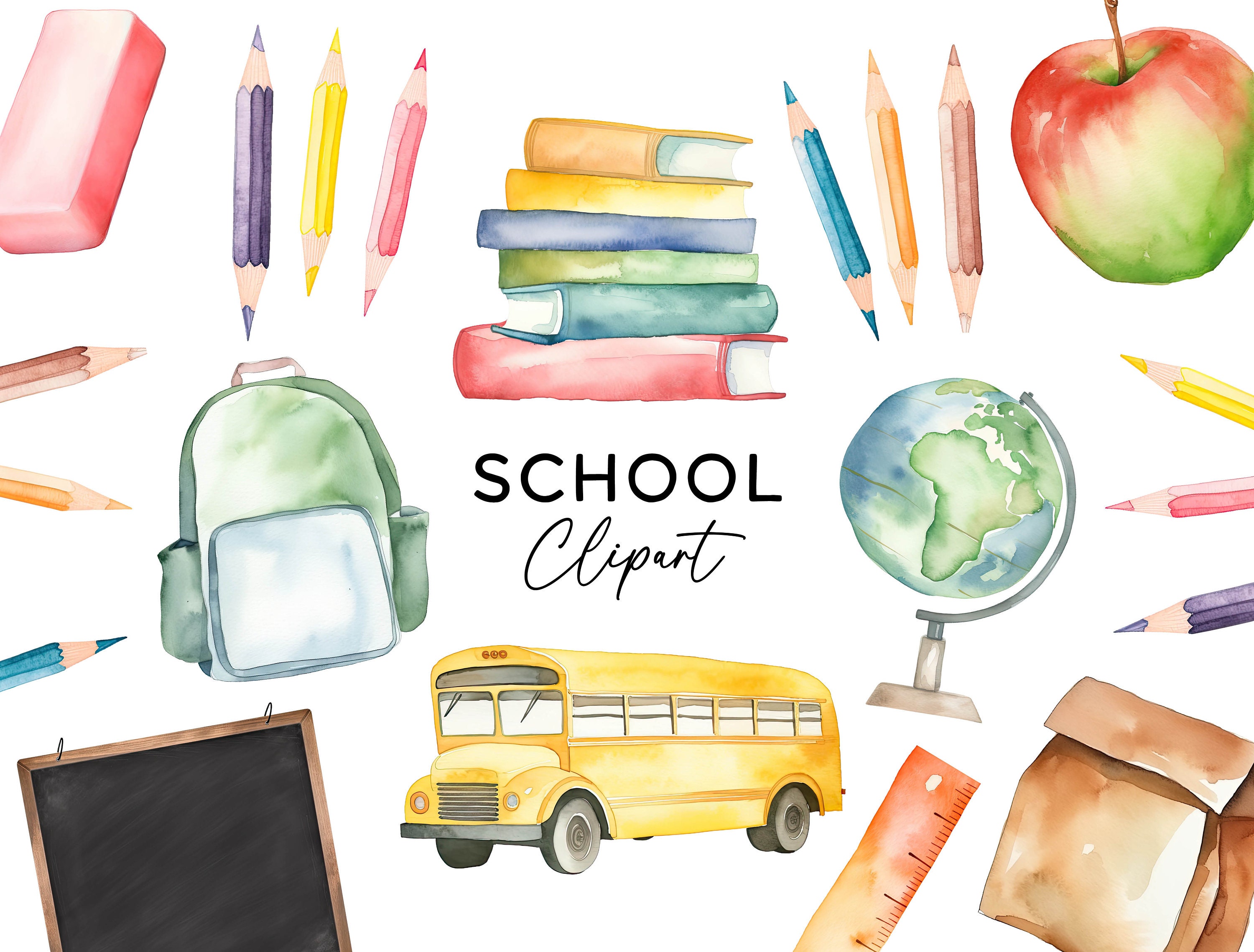 School Clipart Bundle, Watercolor Pencil Bus Books Globe Graphics ...