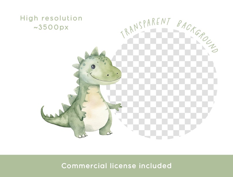 Dinosaur T-rex Clipart, Watercolor Green PNG Graphic Digital Download ...