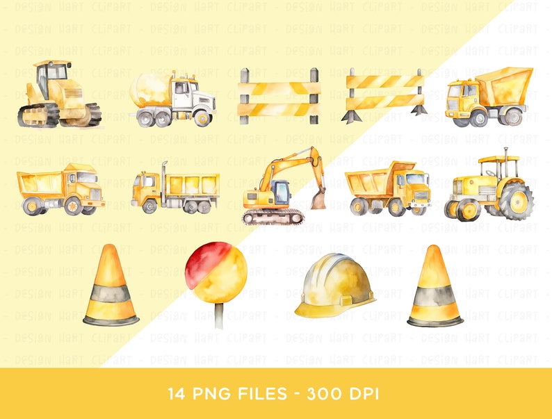 Construction Clipart Bundle, Vehicles Watercolor Digger Excavator Dump ...