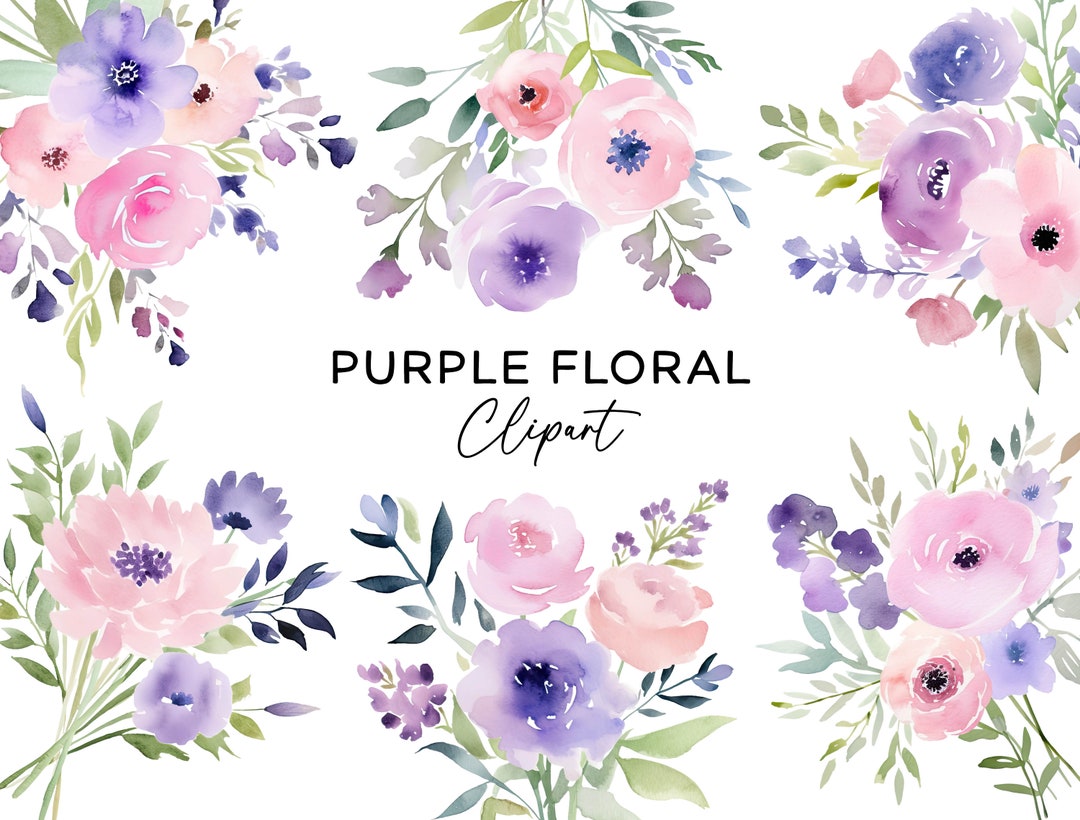 Watercolor Floral Clipart Bundle: Purple & Pink Flowers Bouquets Spring ...