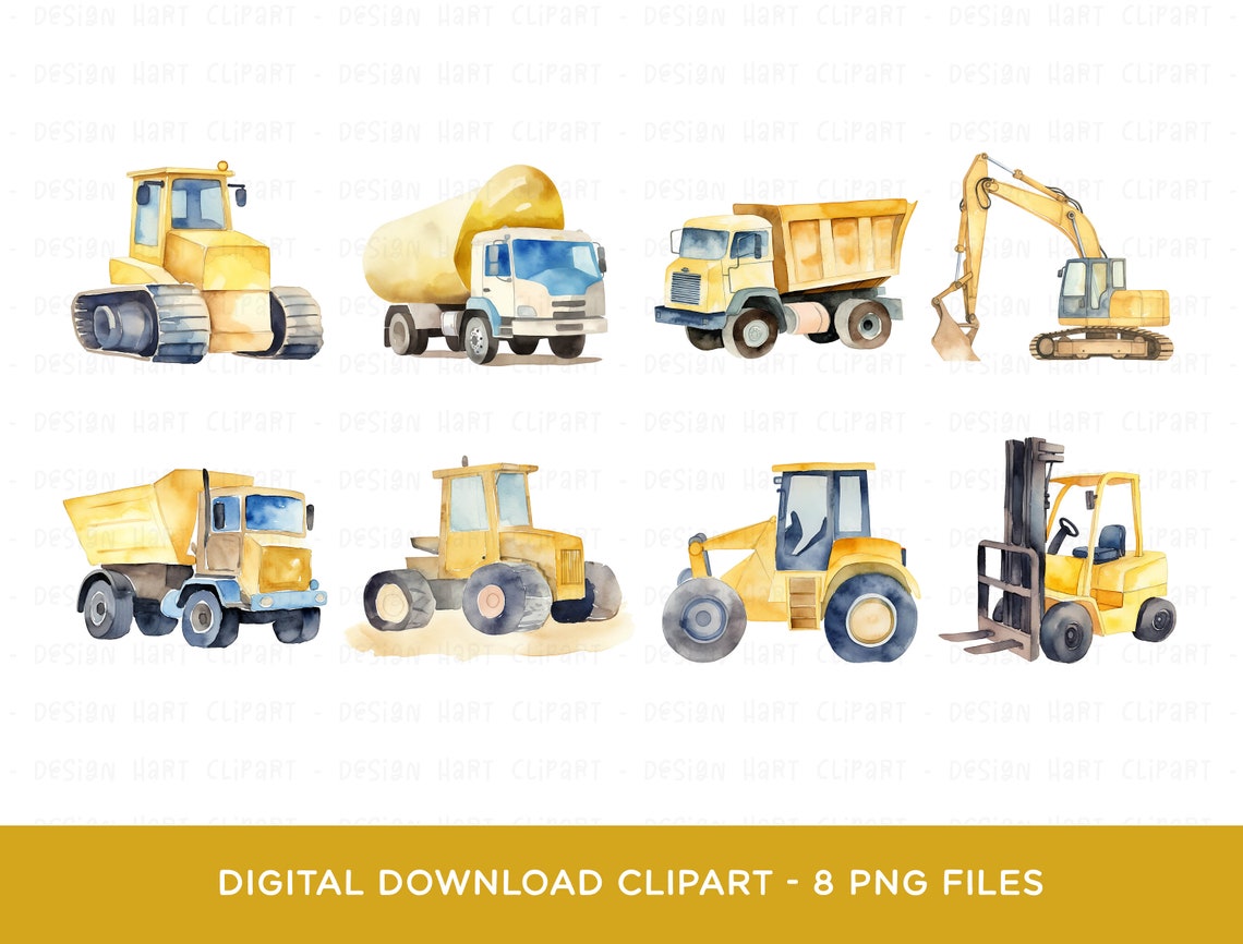Construction Clipart Bundle, Vehicles Watercolor Digger Excavator Dump ...