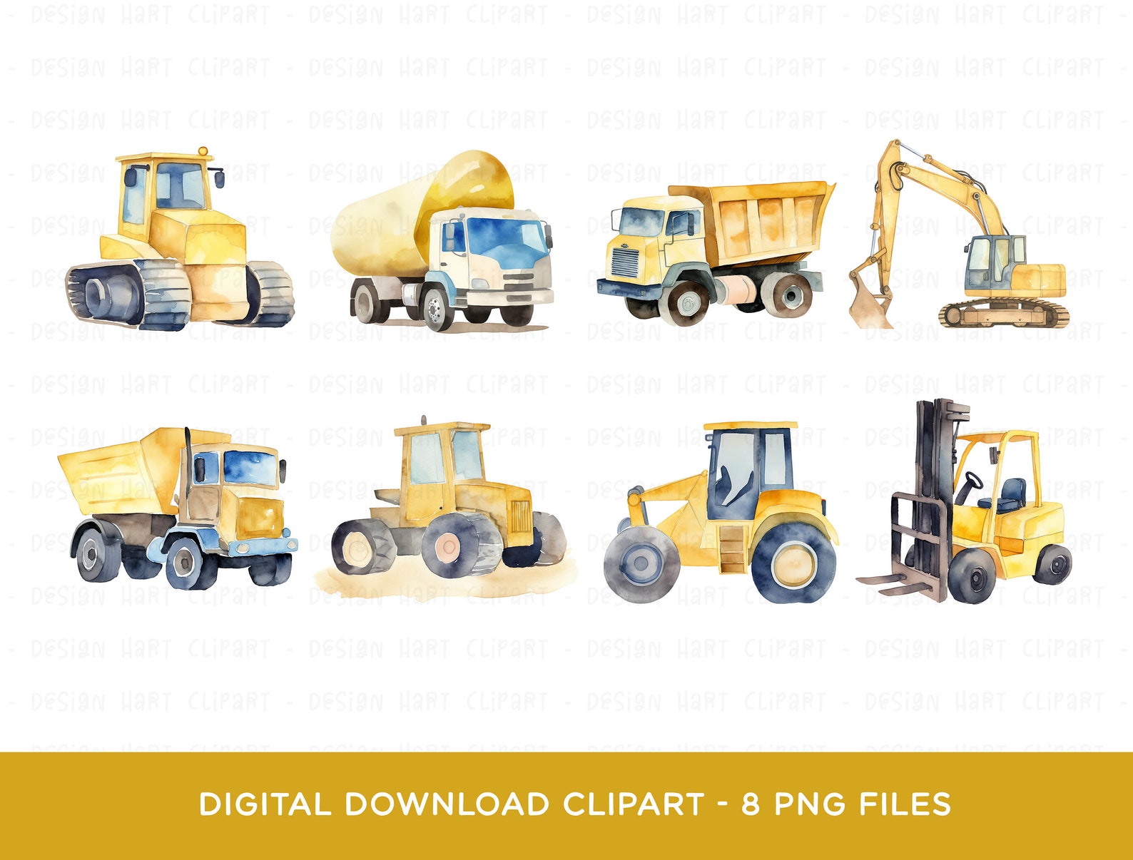 Construction Clipart Bundle, Vehicles Watercolor Digger Excavator Dump ...