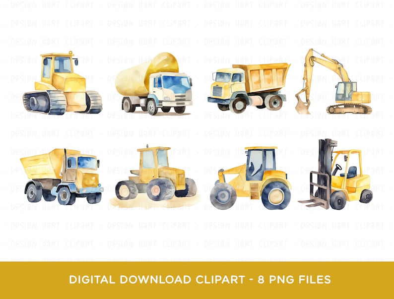 Construction Clipart Bundle, Vehicles Watercolor Digger Excavator Dump ...