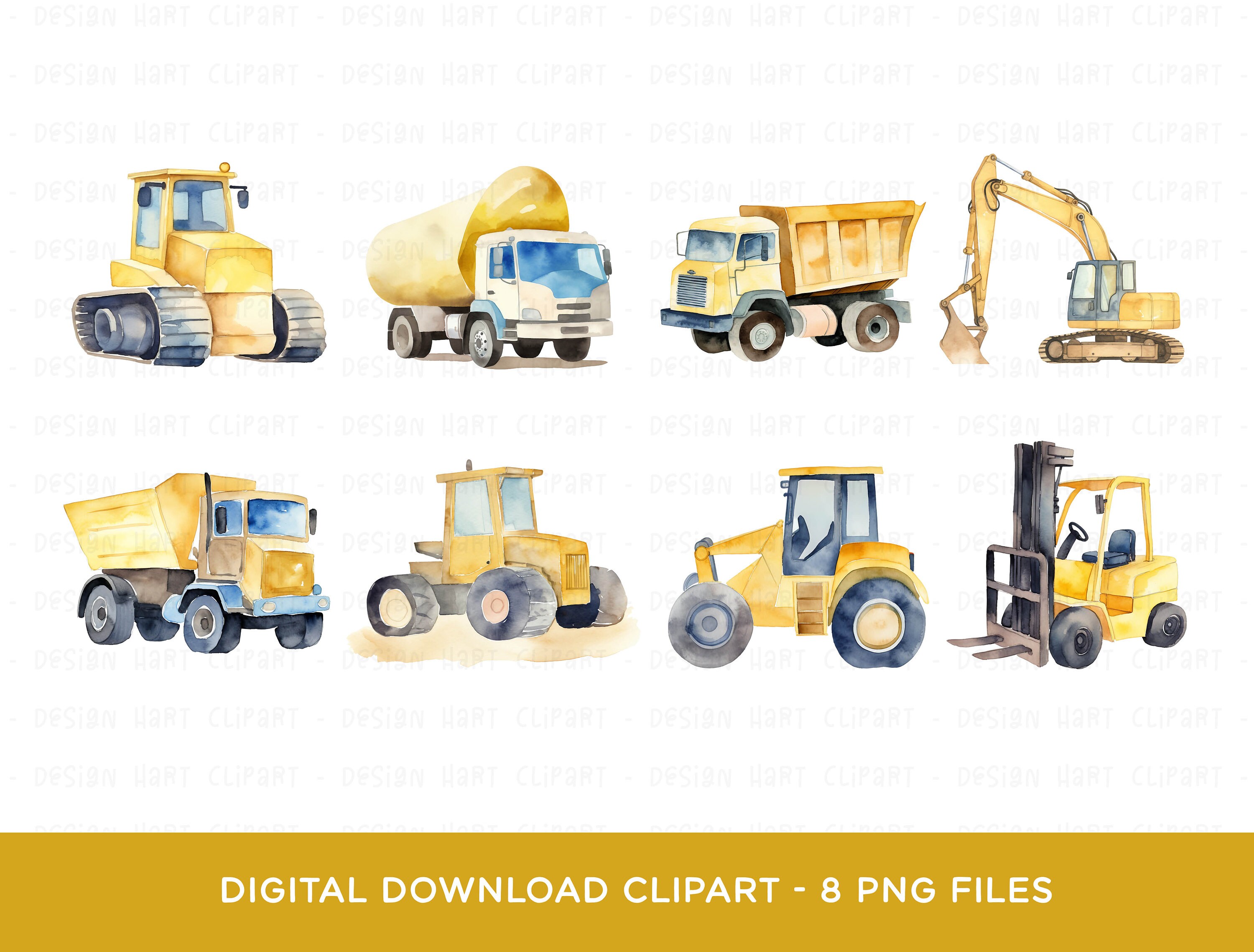 Construction Clipart Bundle, Vehicles Watercolor Digger Excavator Dump ...