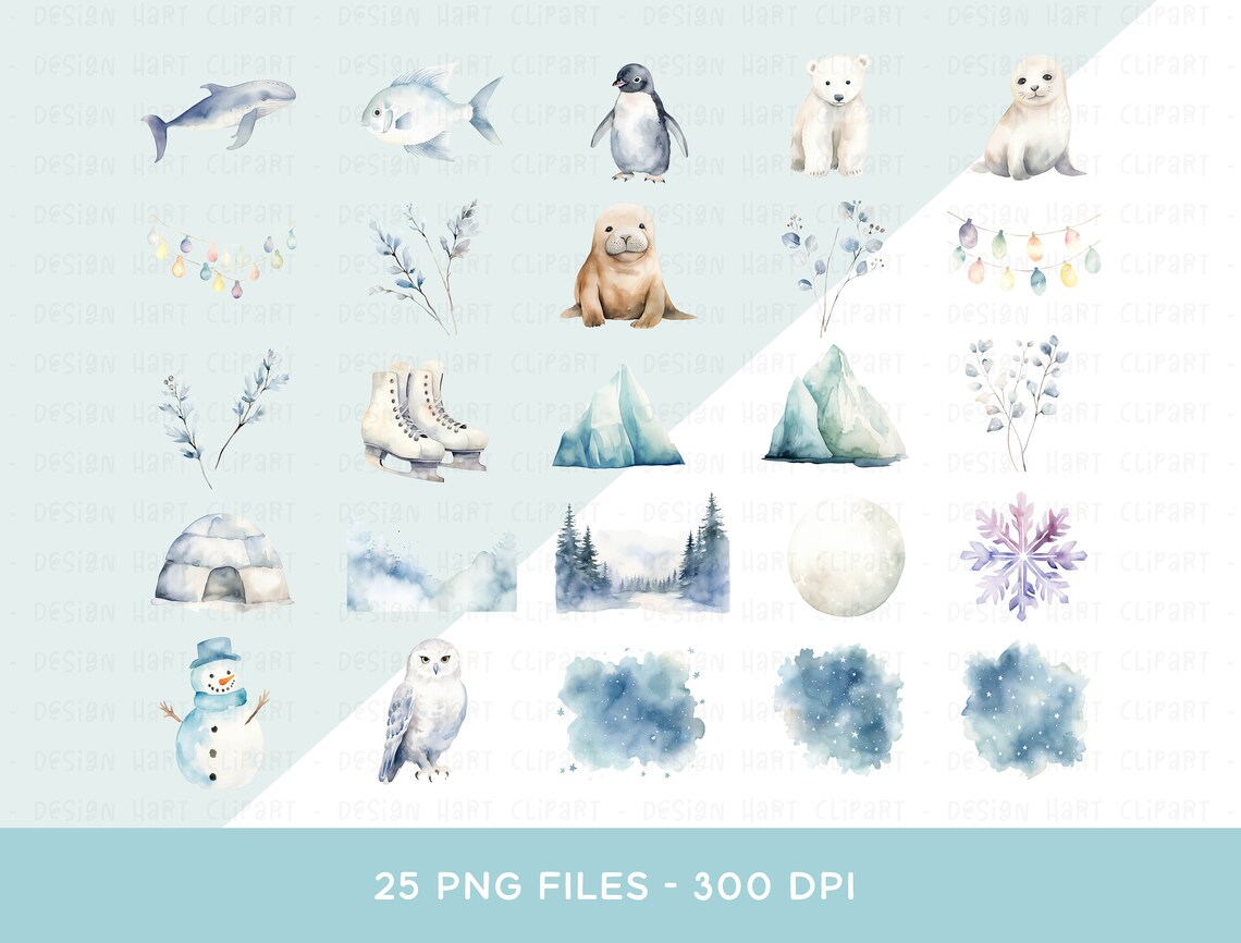 Arctic Animals Clipart Bundle Watercolor Seal Penguin Whale Iceberg PNG ...