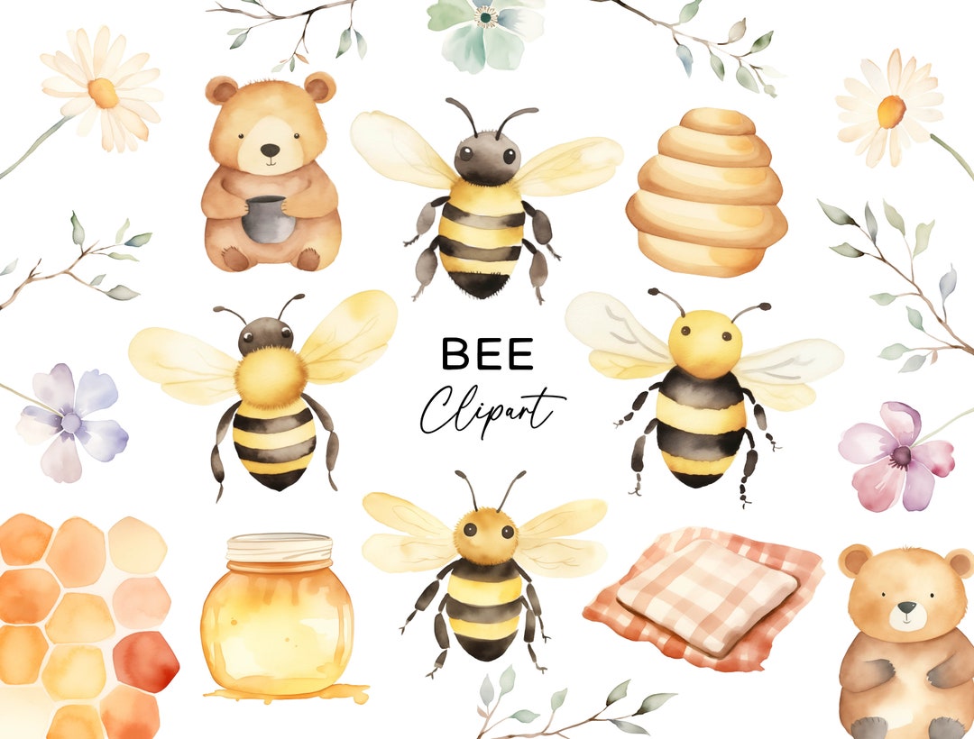 Bee Clipart Bundle, Watercolor Bumble Bee Honeycomb Picnic PNG ...