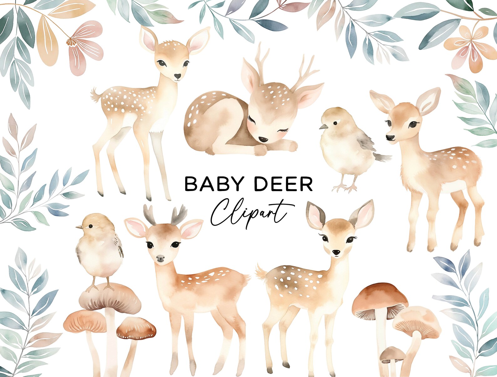 Baby Deer Clipart Bundle Set Watercolor Woodland Animal Whimsical ...