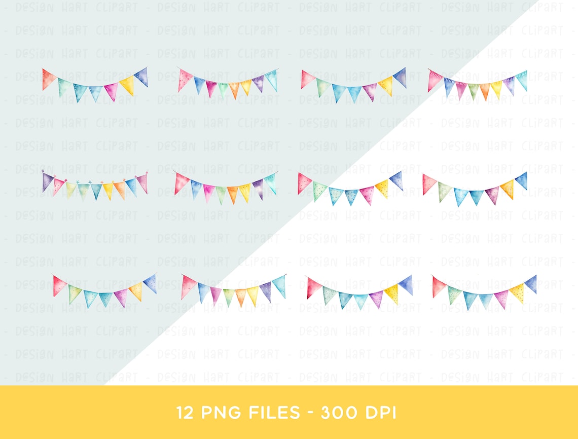 Bunting Clipart Bundle, Watercolor Pastel Flag PNG Digital Download ...