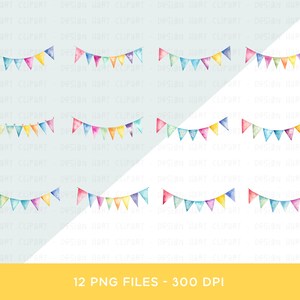 Bunting Clipart Bundle, Watercolor Pastel Flag PNG Digital Download ...