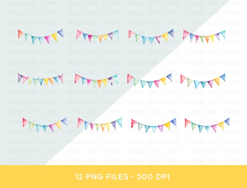 Bunting Clipart Bundle, Watercolor Pastel Flag PNG Digital Download ...
