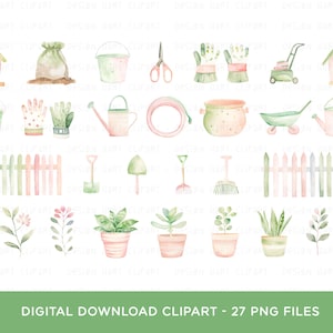 Gardening Clipart Bundle, PNG Digital Download Watercolor Green Pink ...