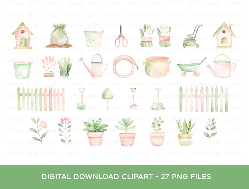 Gardening Clipart Bundle, PNG Digital Download Watercolor Green Pink ...